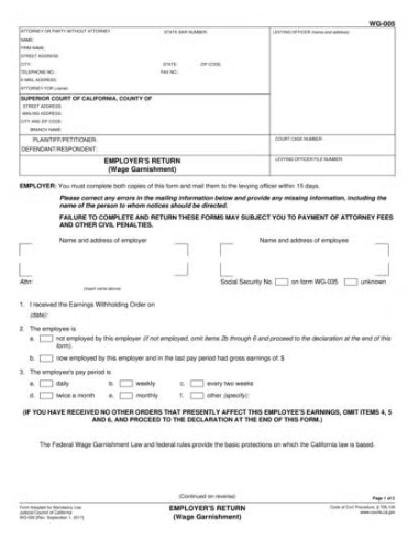 WG-005 Employer’s Return | California Wage Garnishment Form